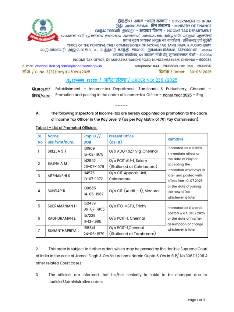 Order 236 of 2025 Dated 30.06.2025 - Promotion Postings Addl Charge Arrangements in The Cadre ...