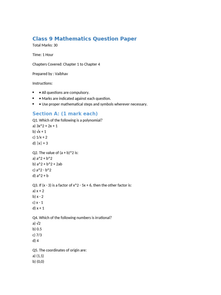 Class 9 Maths Question Paper | PDF