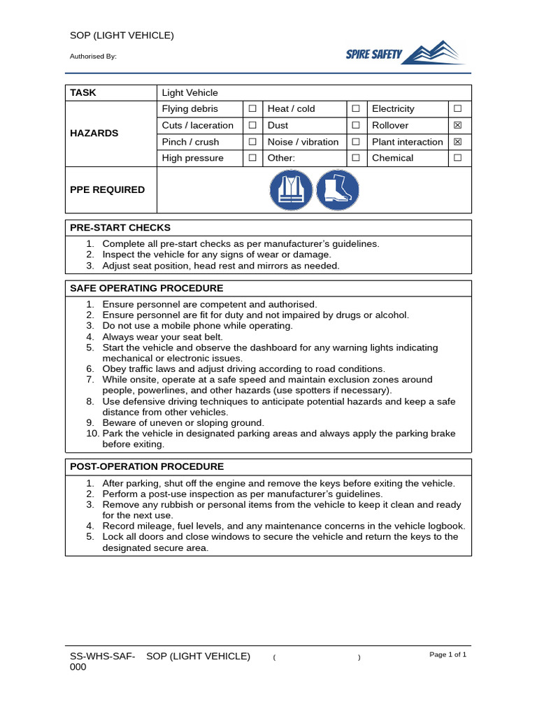 SS WHS SAF 000 Safe Operating Procedure Light Vehicle 1 | PDF