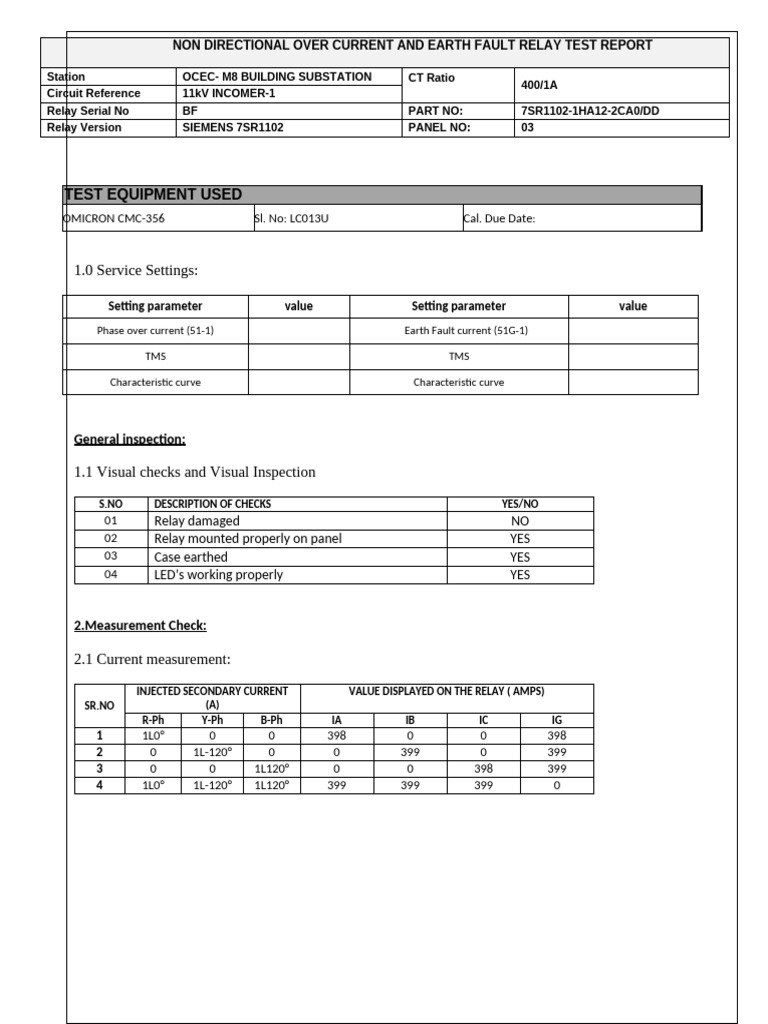 11kv Incomer.1 - Ocef Relay Format | PDF | Relay | Power Engineering