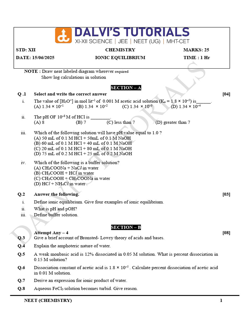 Xiith - Neet - Theory - Ionic Equilibrium | PDF | Ph | Acid