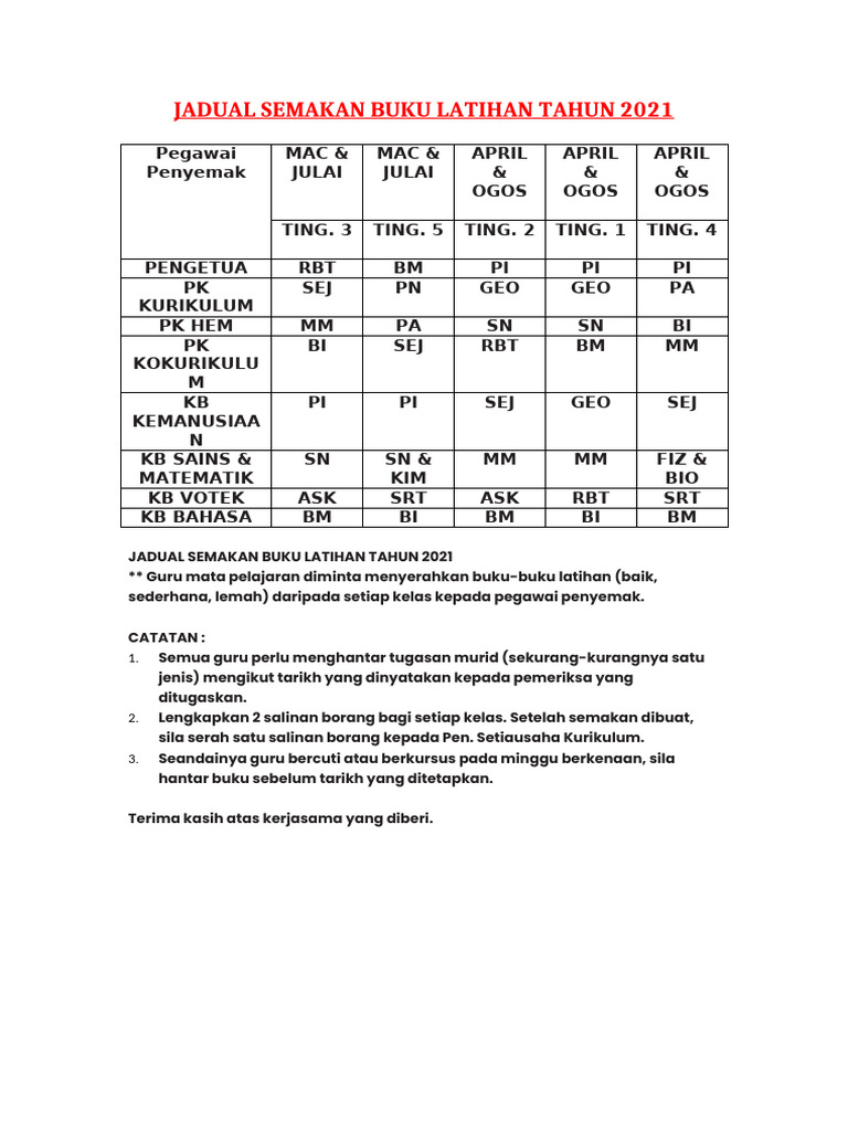 Takwim Semakan Buku Latihan | PDF