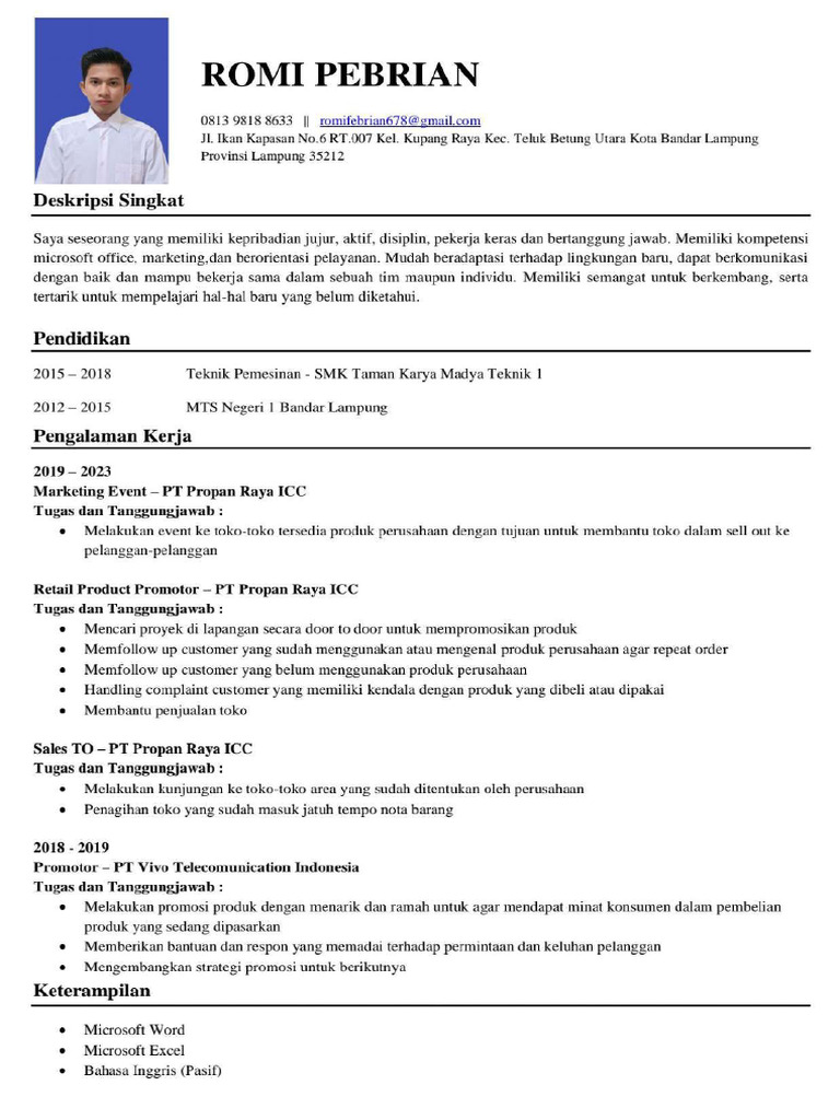 Romi Febrian Marketing Staff Resume | PDF