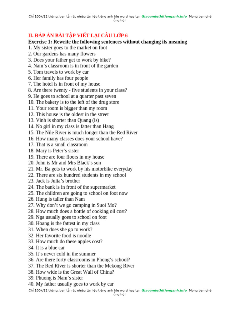 Rewrite English Sentences for Grade 6 | PDF