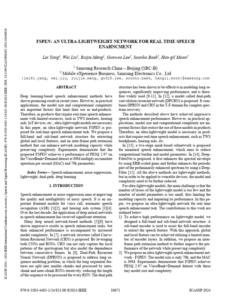 2024 Fspen An Ultra-Lightweight Network For Real Time Speech Enahncment | PDF | Deep Learning ...