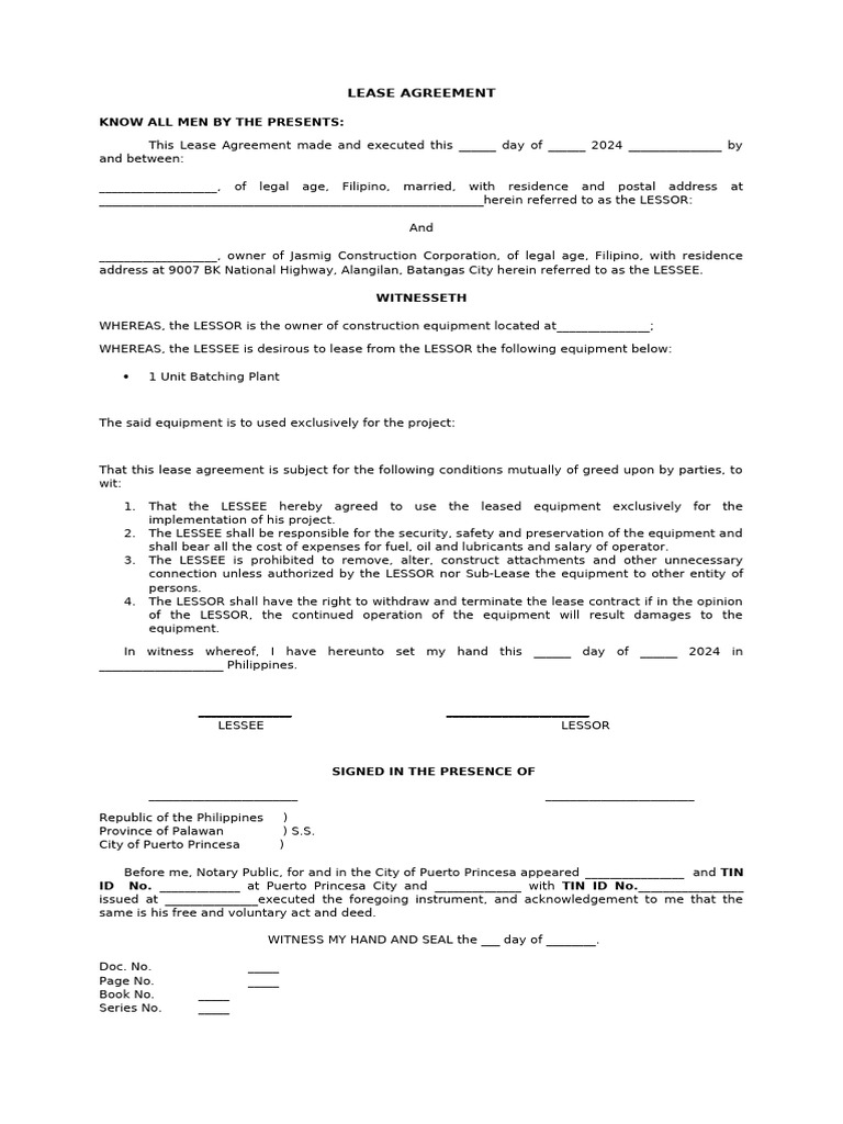 Construction Equipment Lease Agreement | PDF | Lease | Legal Documents