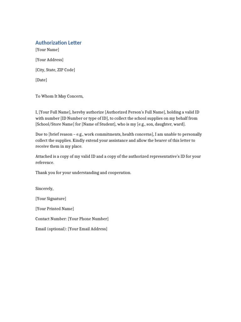 Authorization Letter School Supplies | PDF