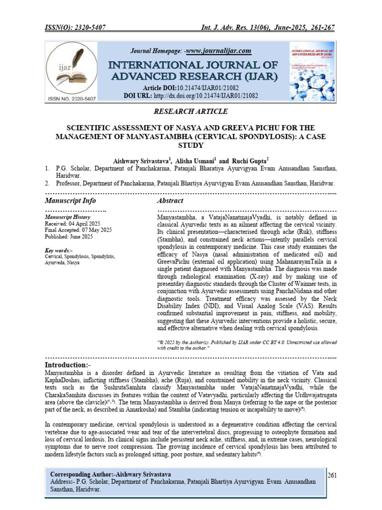 Scientific Assessment of Nasya and Greeva Pichu For The Management of ...