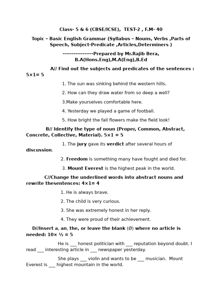 Basic English Grammar Test for Classes 5-6 | PDF | English Grammar ...