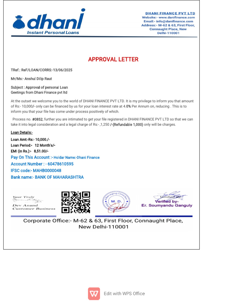 Approval Letter Dhani 1 1 | PDF