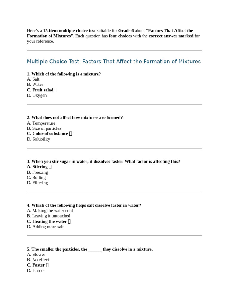 Grade 6 Mixtures Test: Factors Explained | PDF | Water | Mixture