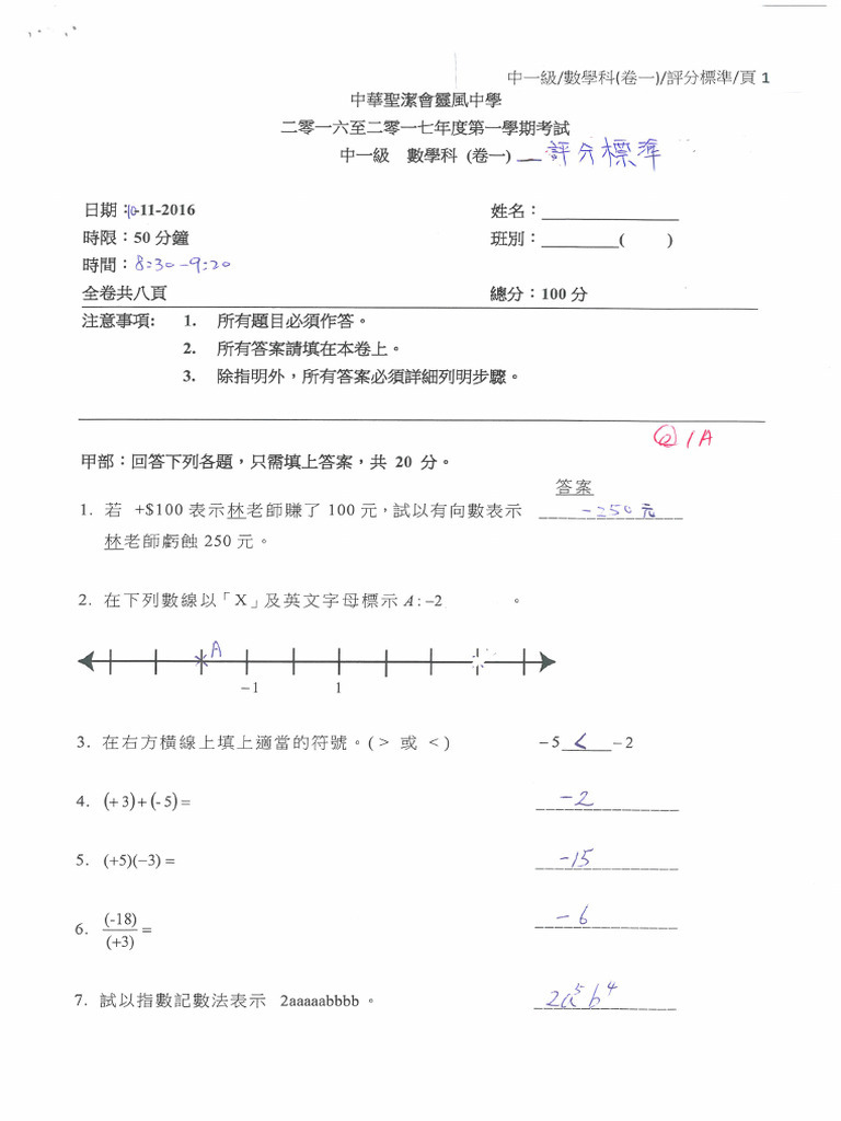 16-17 S1 1st Exam Paper I Marking | PDF