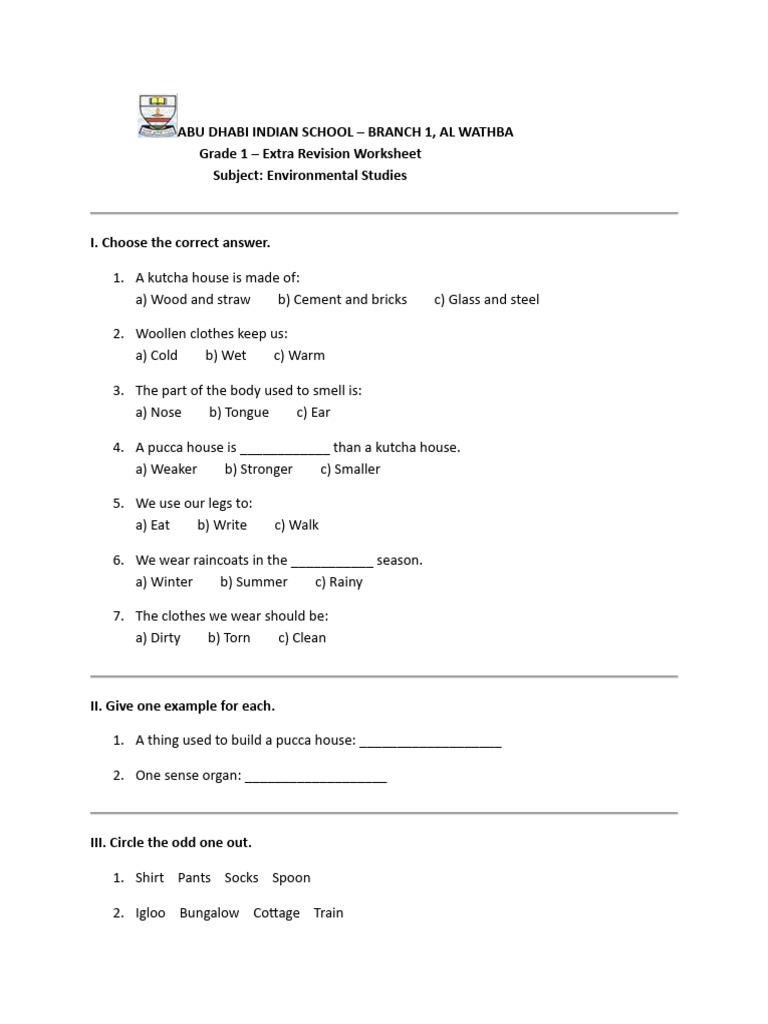 Grade 1 Environmental Studies Worksheet | PDF