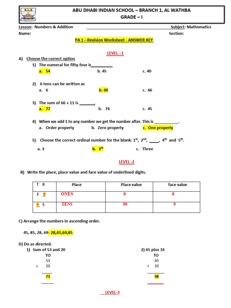 Answer Key Gr1-Pa1 Revision Worksheet (1) - 250615 - 135340 | PDF | Mathematics