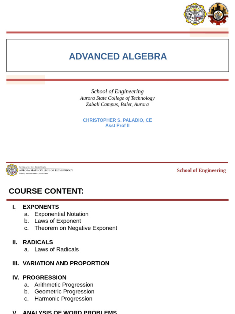 Advanced Algebra Course Outline | PDF | Set (Mathematics) | Probability