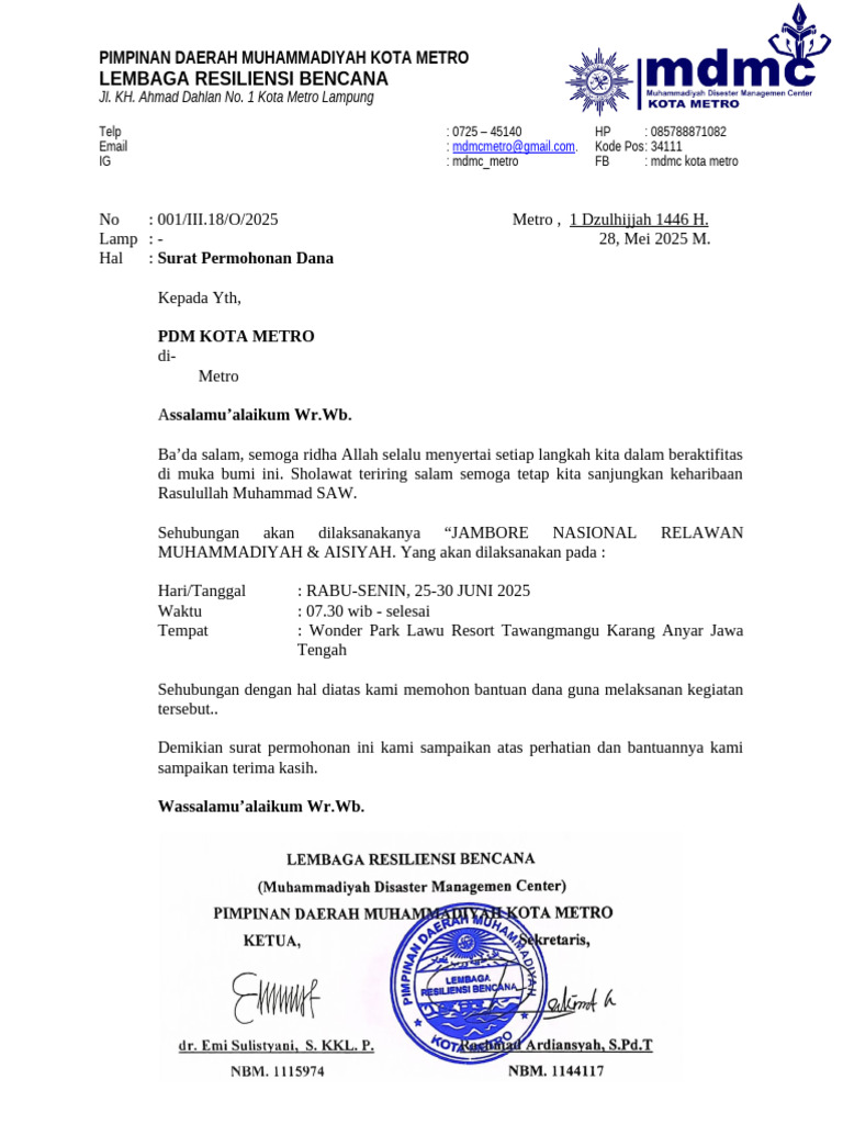 MDMC Surat Permohonan Dana & Peminjaman Mobil 2025 | PDF