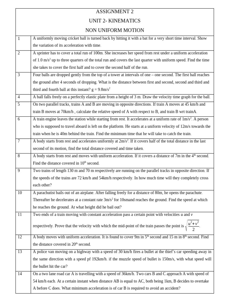Unit 2 Kinematics Assignment 2 | PDF | Speed | Acceleration