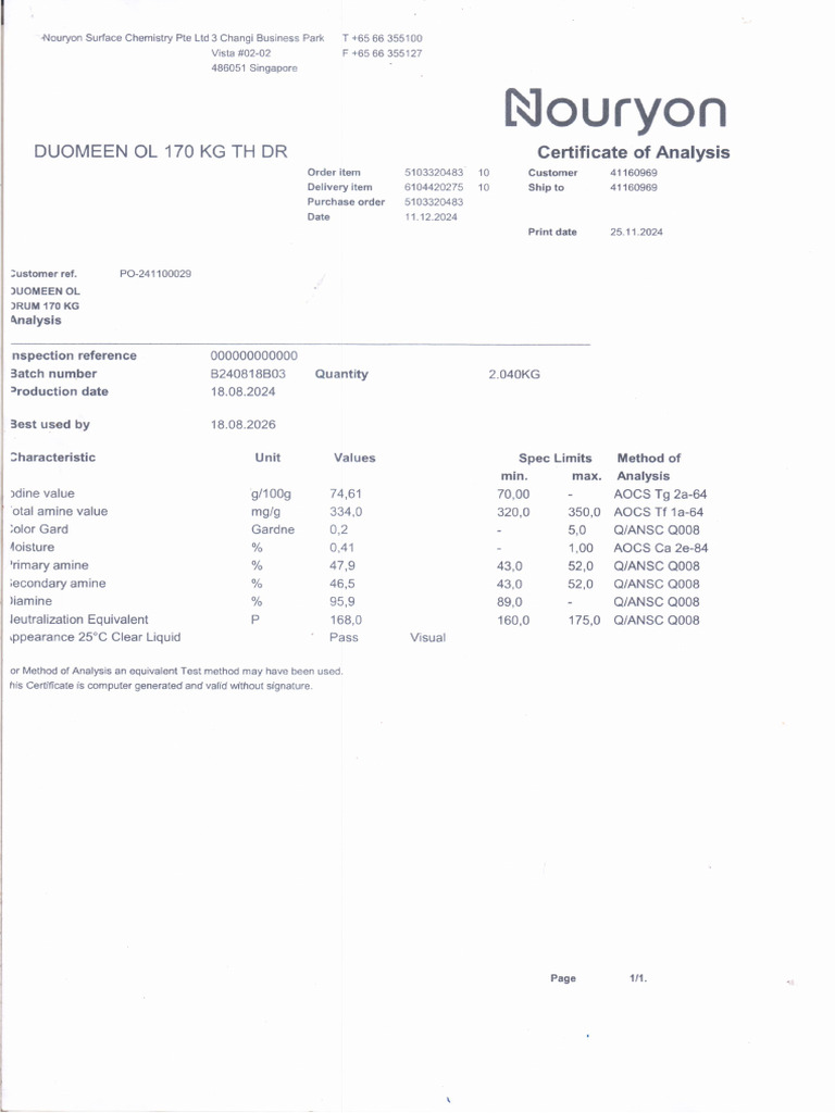Duomeen OL - COA | PDF