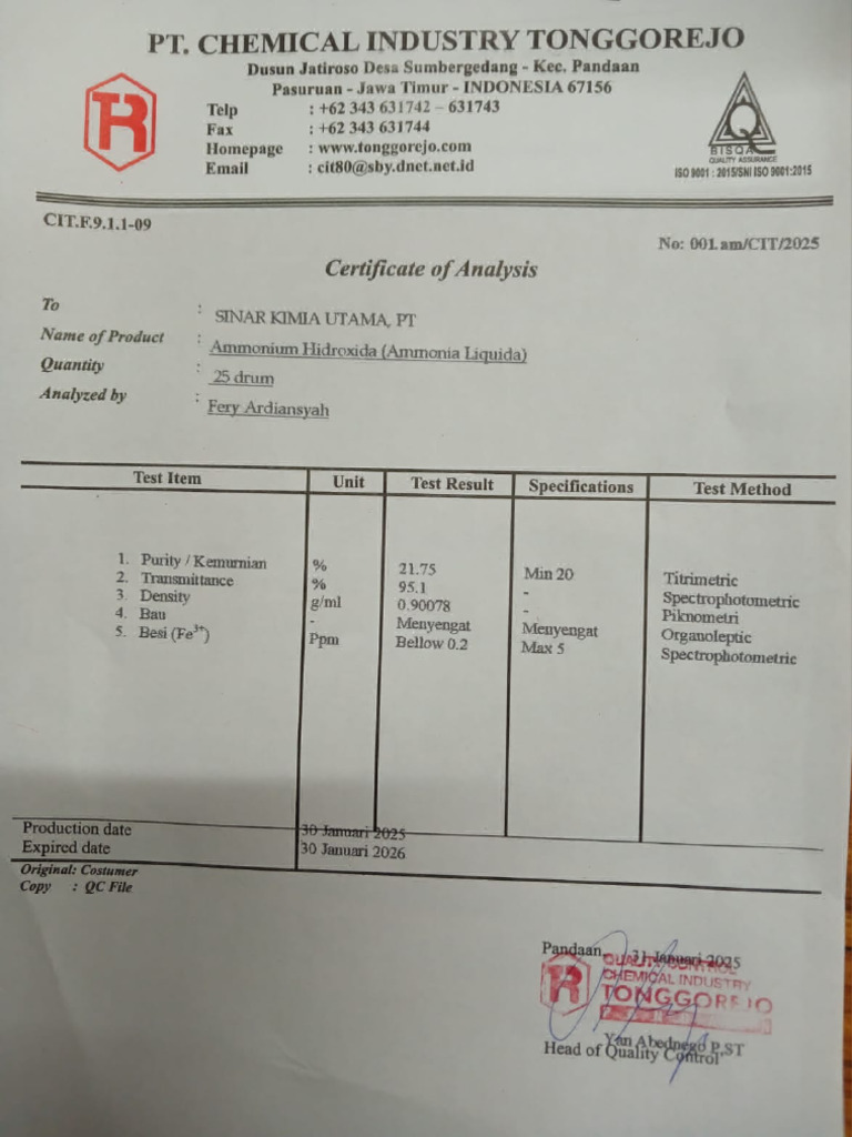 Coa Ammonia Liquid 2025 | PDF