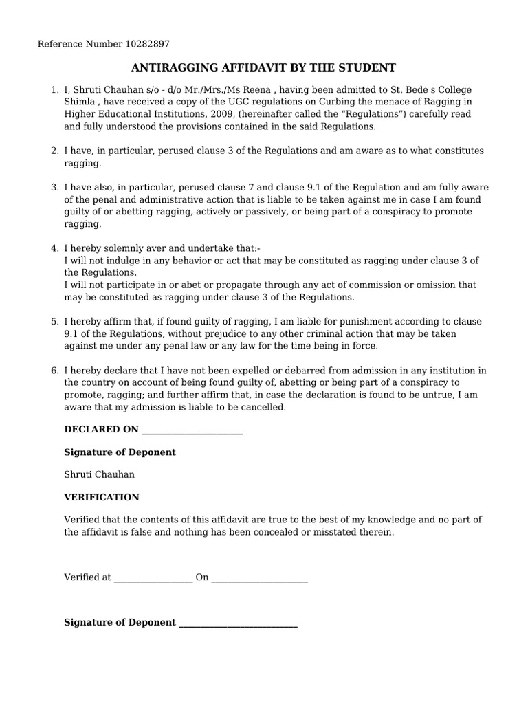 Anti Ragging Affidavit Form | PDF | Affidavit