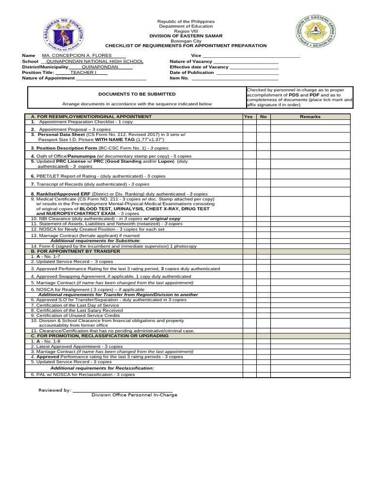 Appointment Processing Checklist for Teachers | PDF