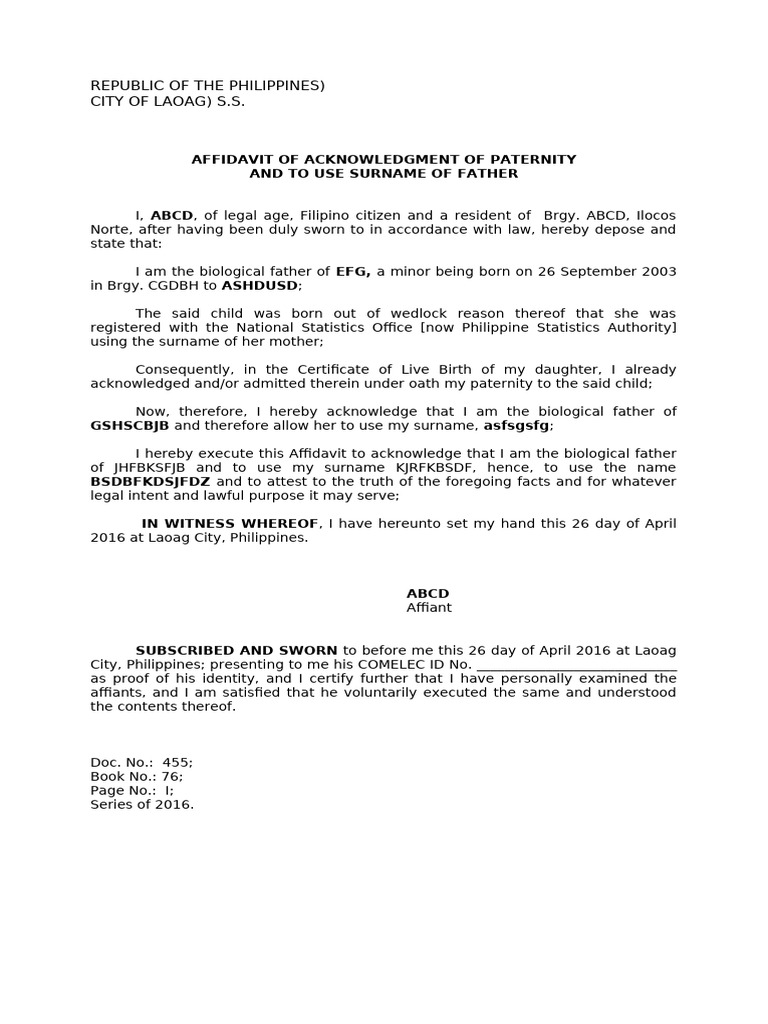 Acknowledgement of Paternity | PDF