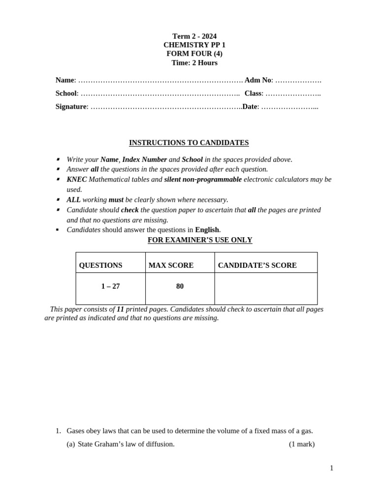 Chemistry Paper 1 Question Paper 1 | PDF | Ester | Solubility