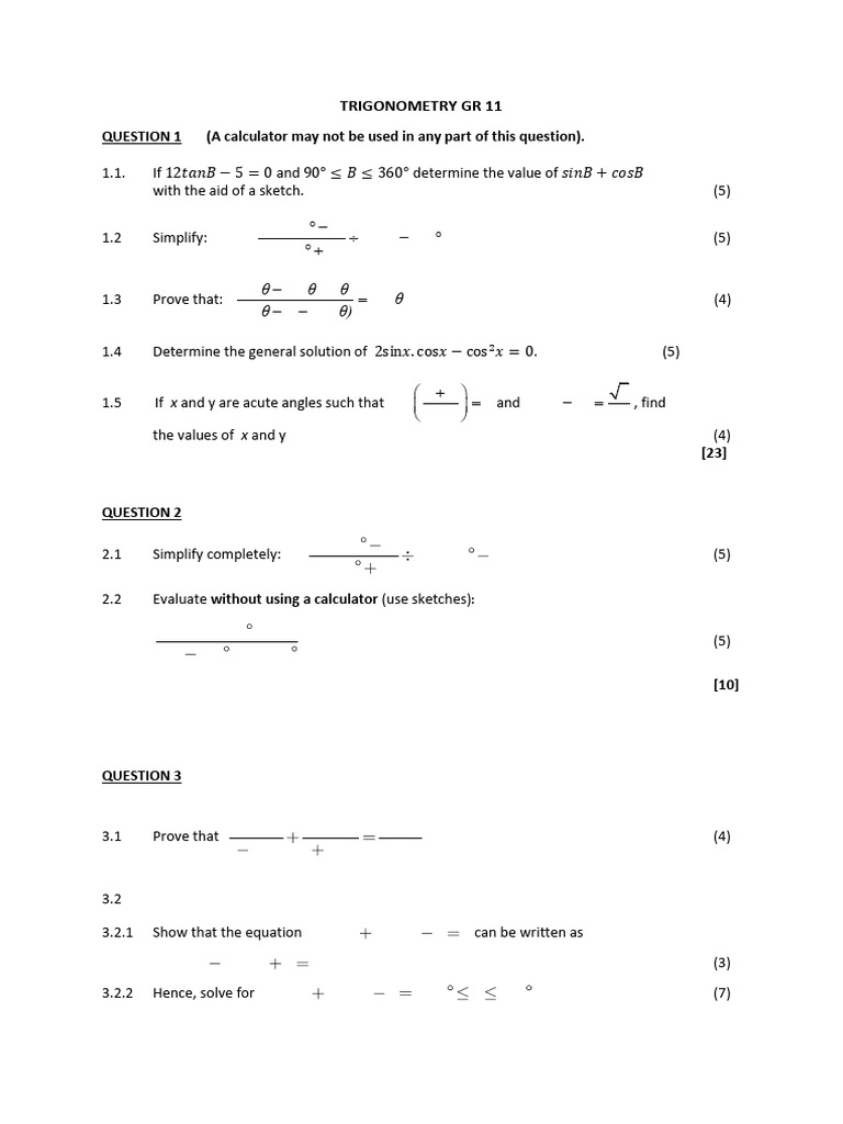 Trigonometry Grade 11 Questions | PDF | Trigonometry | Elementary Geometry
