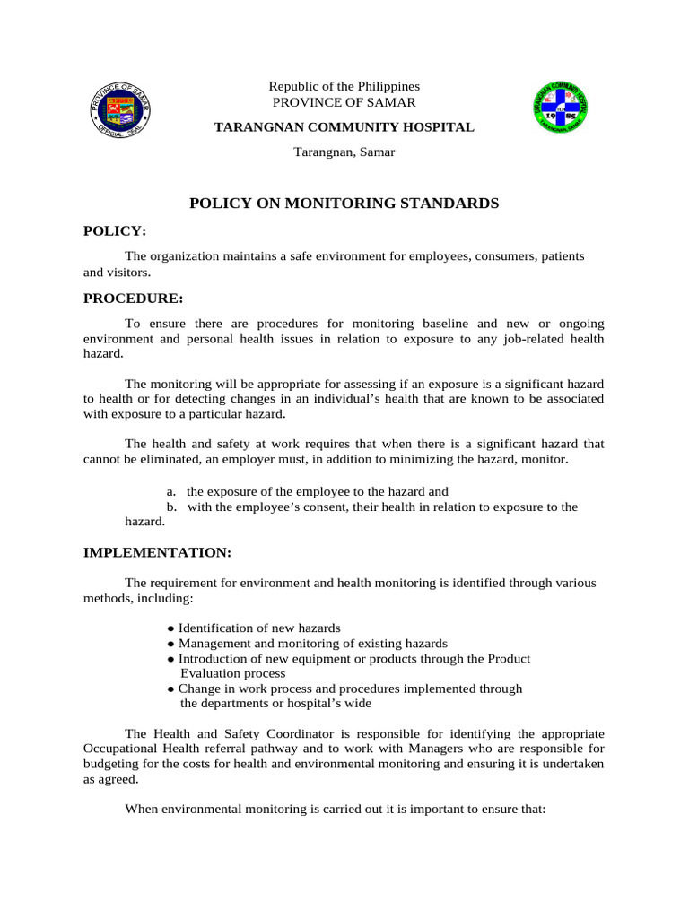 Samar Hospital Health Monitoring Policy | PDF | Occupational Safety And ...