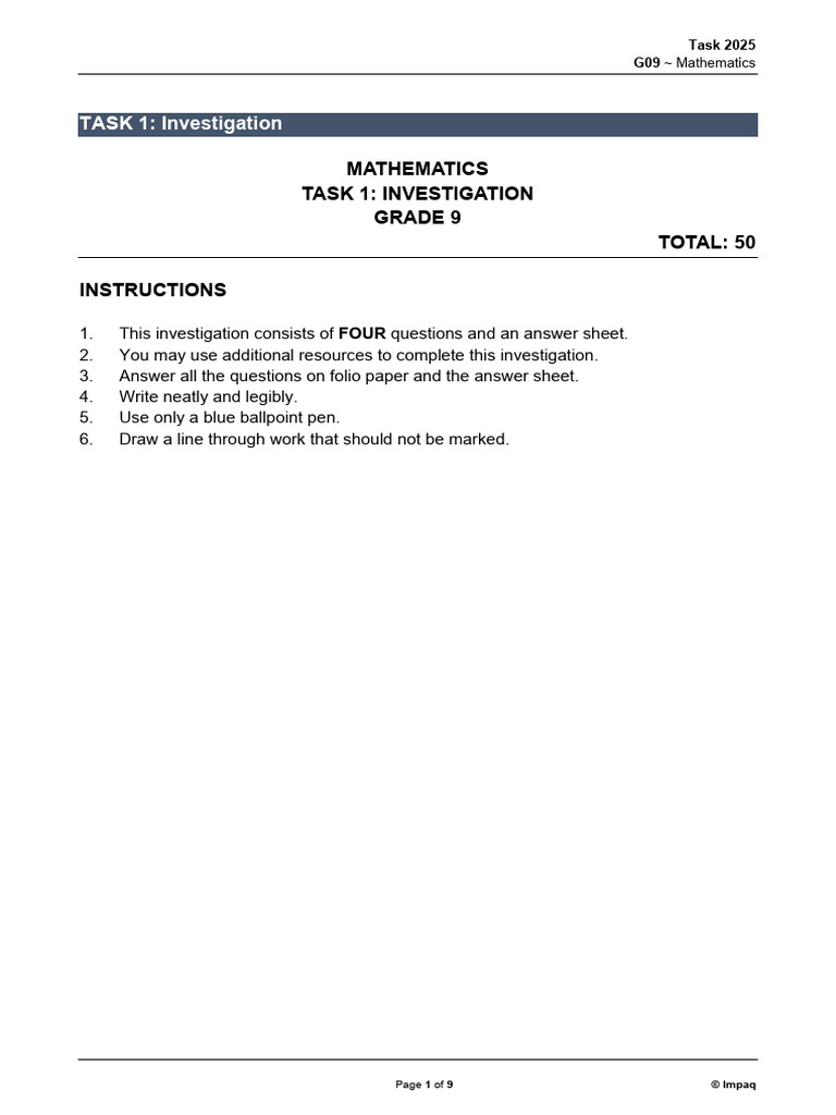 Mathematics Task 1: Investigation Grade 9 TOTAL: 50 Instructions | PDF ...