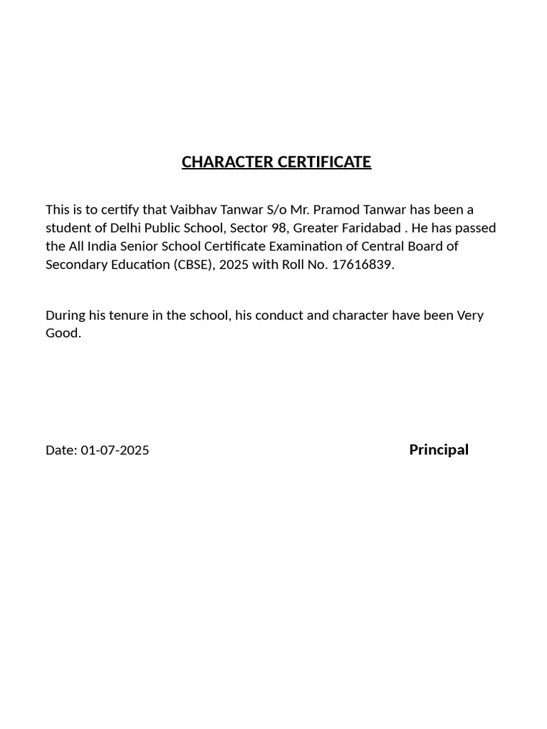 Character Certificate Tanmay | PDF