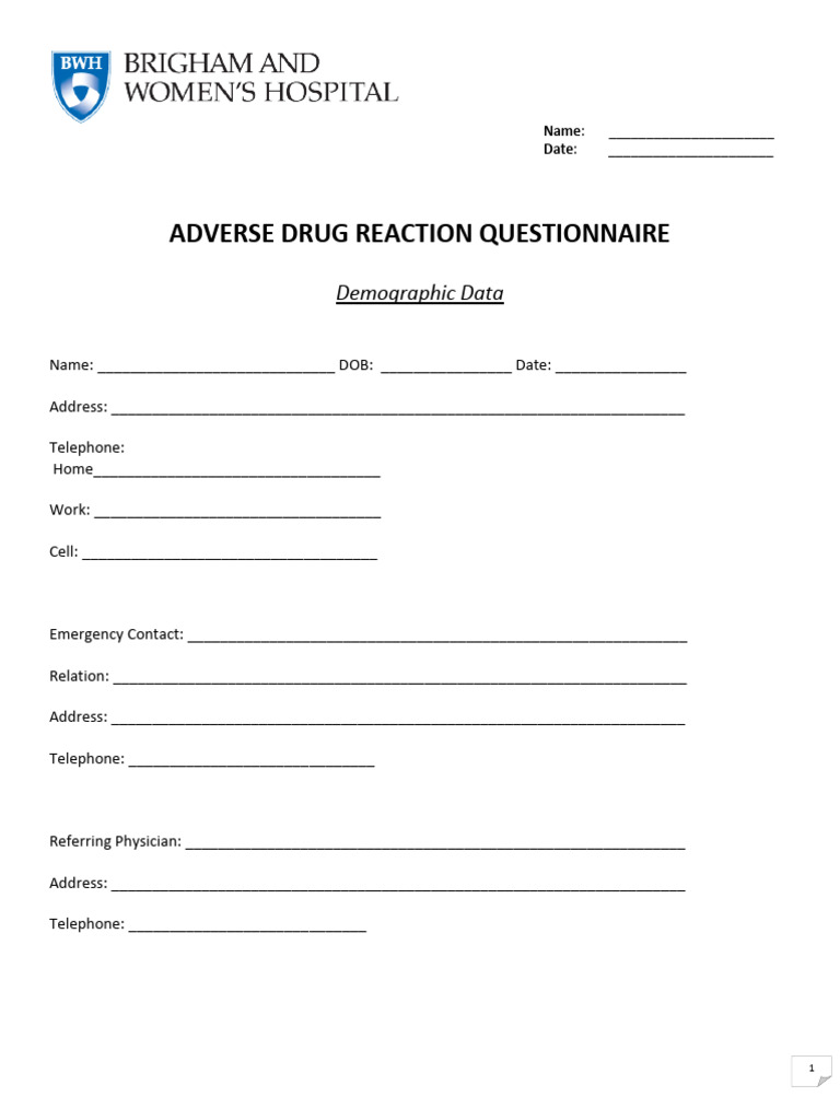 BWH Allergy Adverse Drug Reaction Questionnaire | PDF | Allergy ...