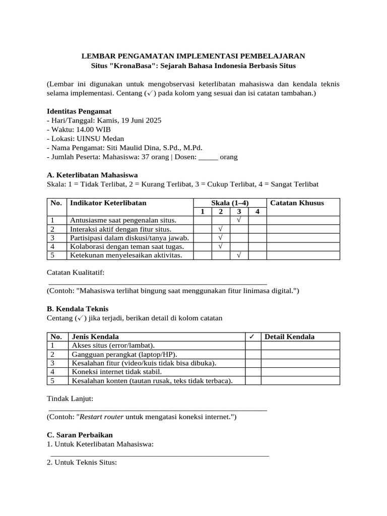 Lembar Pengamatan Implementasi | PDF