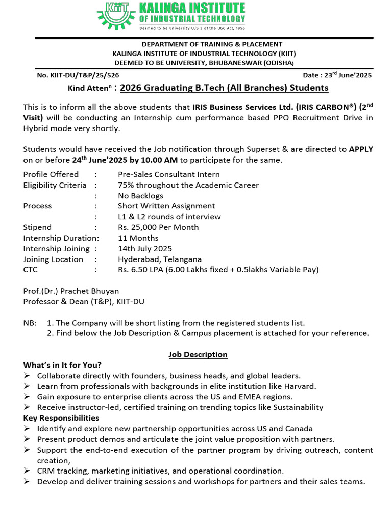 Registration IRIS Business Services Ltd. Internship Cum PPO Recruitment Drive For 2026 Batch ...