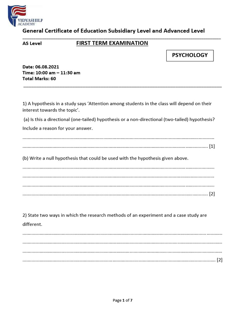 AS Level Psychology 06.08.2021 | PDF | Hypothesis | Experiment