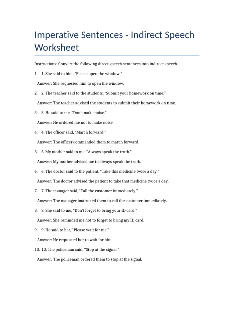 Imperative Indirect Speech Worksheet | PDF