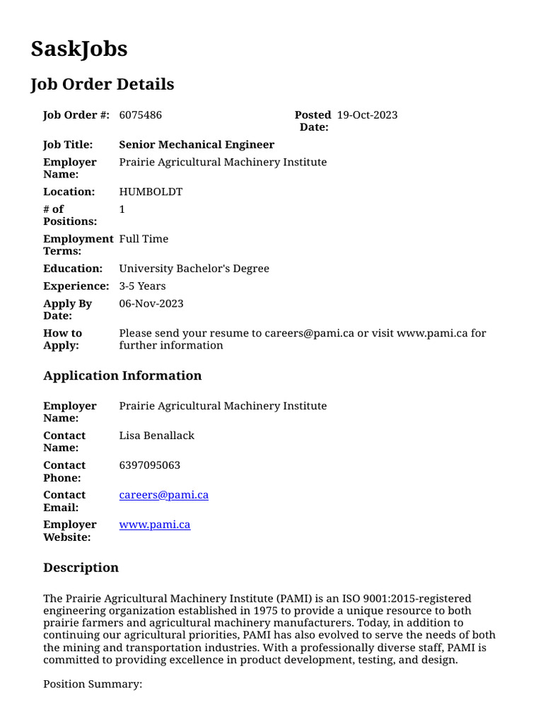 SaskJobs - Ca - Printer-Friendly Detail For Job Order #6075486 | PDF ...