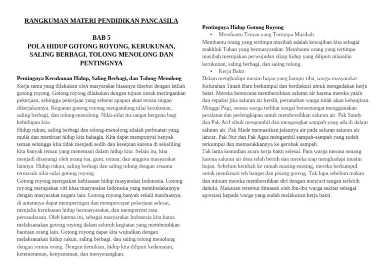 Materi PPKN Bab 5 Pola Hidup Gotong Royong, Kerukunan, Saling Berbagi, Tolong Menolong Dan ...