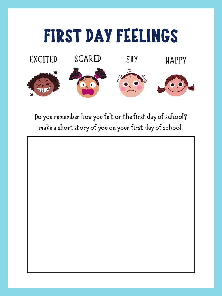 Blue White First Day Feelings Worksheet | PDF