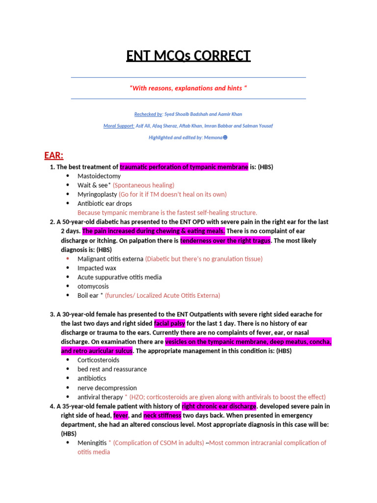 ENT MCQs Bank - Final (Corrected & Highlighted) | PDF | Ear | Vertigo