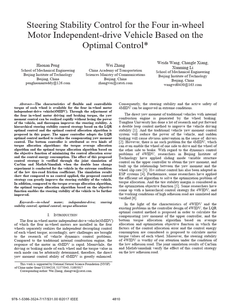Steering Stability Control For The Four In-Wheel Motor Independent ...