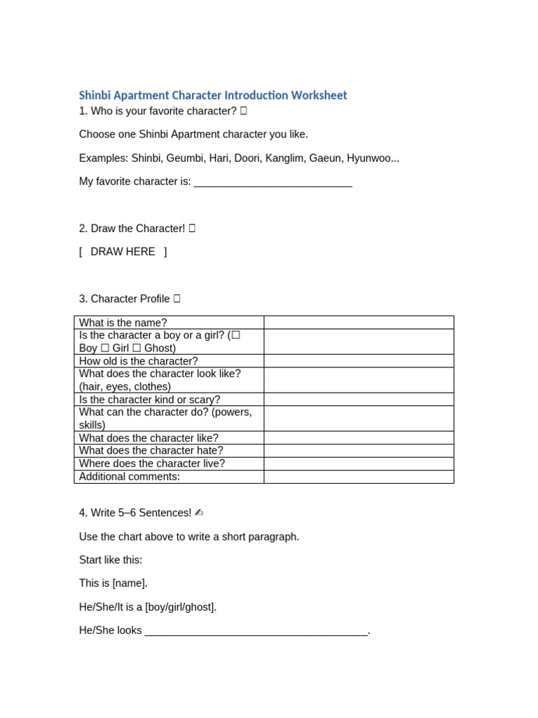 Shinbi Apartment Character Introduction Worksheet | PDF