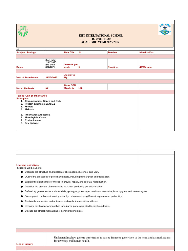 July - August Biology Unit Plan2025 | PDF | Dominance (Genetics) | Genotype
