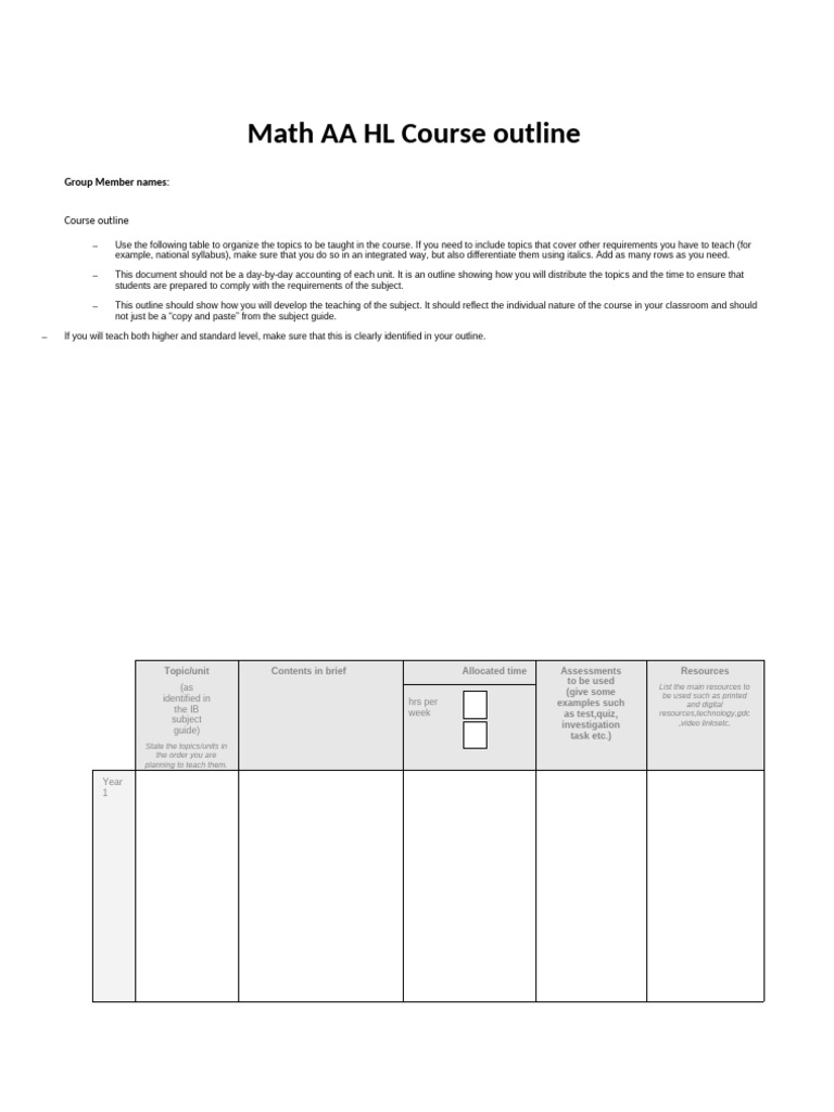 Math AA HL Course Outline Template | PDF | Lesson Plan | Learning