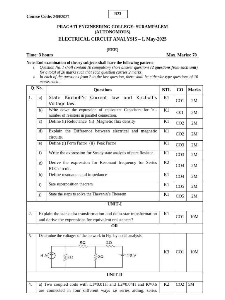 r23 Eca-1 End Semester Model Paper | PDF | Inductor | Electrical Network