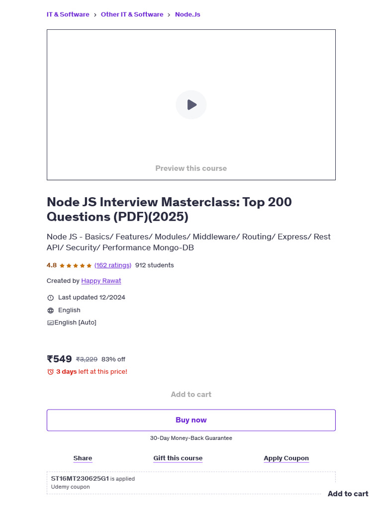 Node JS Interview Masterclass - Top 200 Questions (PDF) (2025) - Udemy | PDF | Database Index ...
