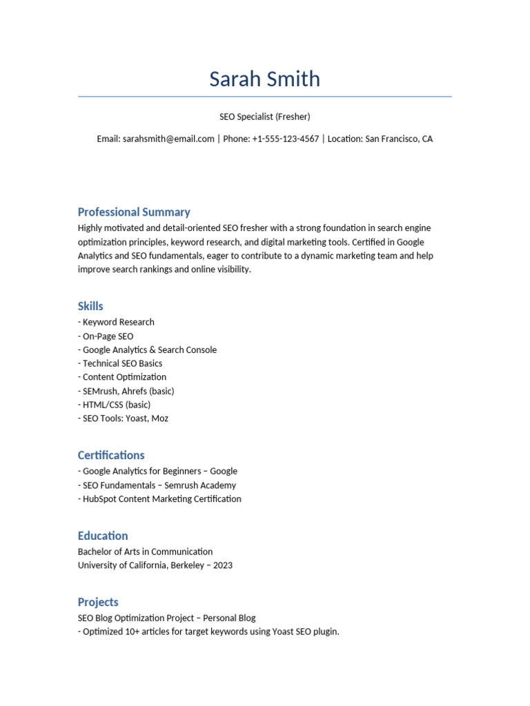 Sarah Smith SEO Fresher Resume | PDF