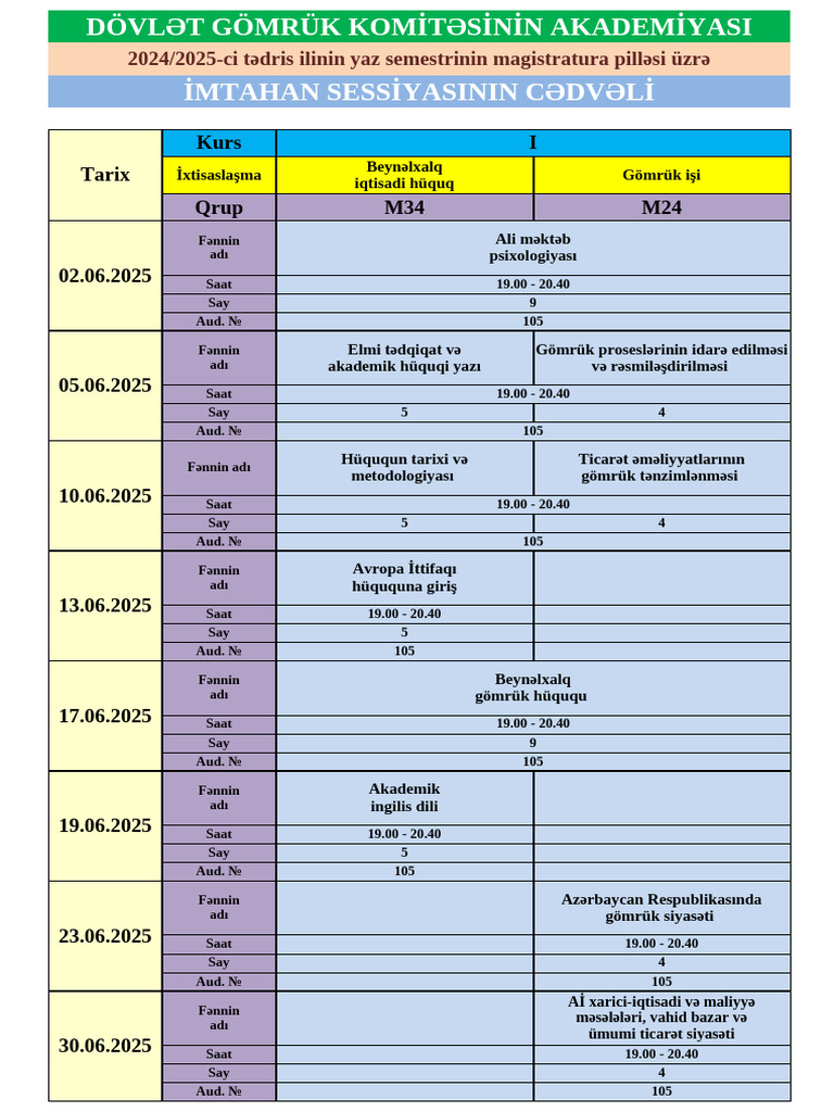 2024-2025 Yaz Semestri Imtahan Sessiyası Cədvəli_Magistratura_SON (Auditoriya Və Saatlar) | PDF