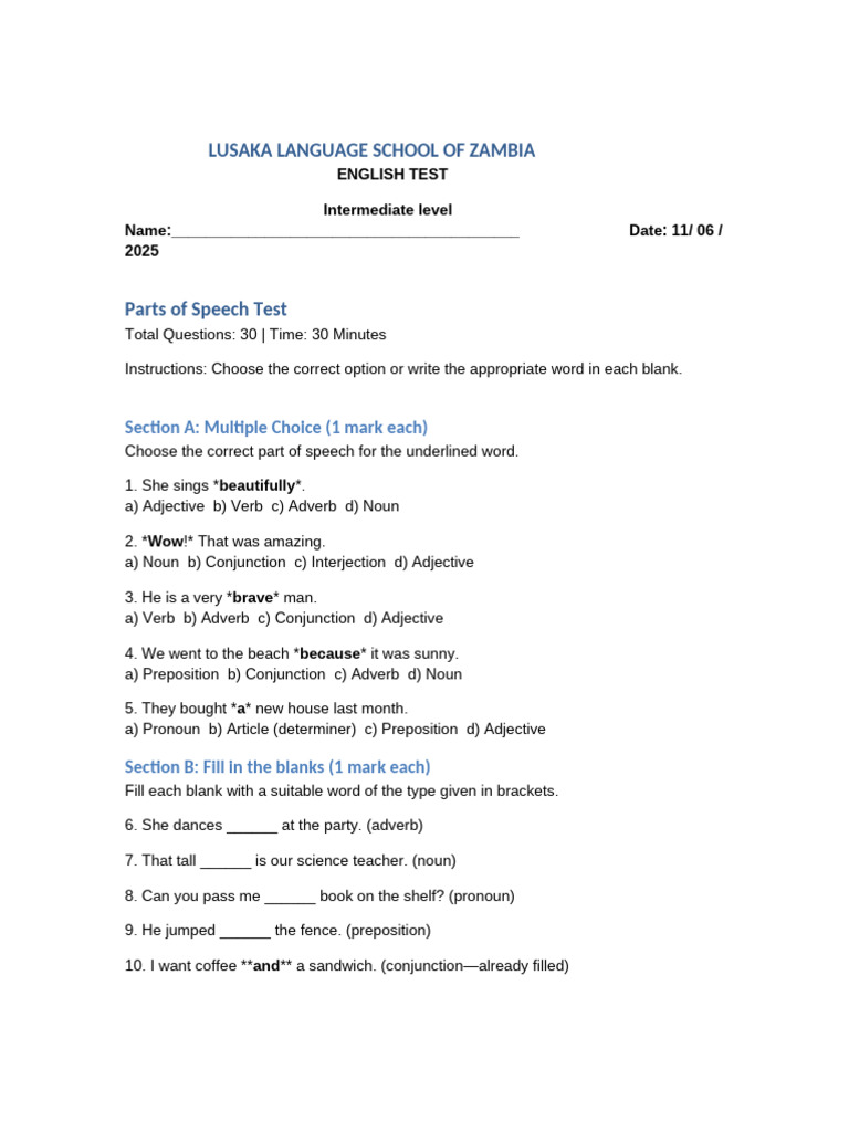 Parts of Speech Test for Class 6 | PDF | Part Of Speech | Adverb