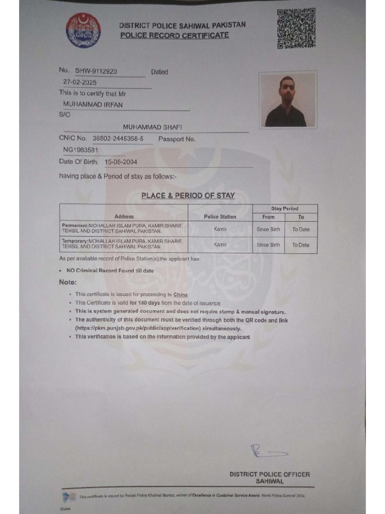 Irfan - Police Character Certificate | PDF